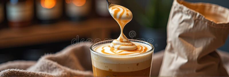 Creamy Caramel Drizzle on Freshly Brewed Coffee in Cozy Cafe Setting ...