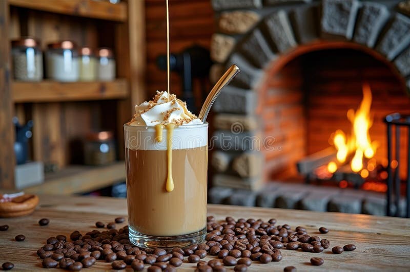 Creamy Caramel Latte Rustic Cafe Cozy Fireplace Stock Photos - Free ...