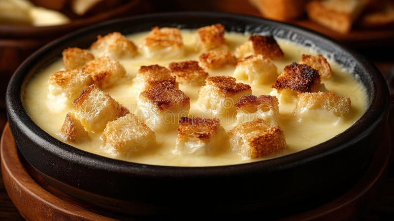 Creamy Cheese Soup with Toasted Bread Cubes in a Rustic Bowl Stock ...