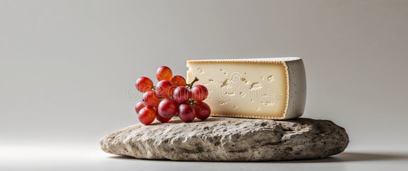 Creamy Cheese Wedge with Red Grapes on a Rock Stock Photo - Image of ...