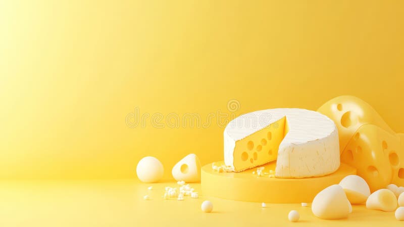 Creamy Cheese Wheel with a Slice, on a Yellow Background Stock Photo ...
