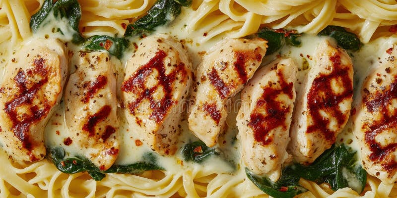 Creamy Chicken Alfredo Pasta with Grilled Chicken and Spinach Stock Illustration - Illustration ...