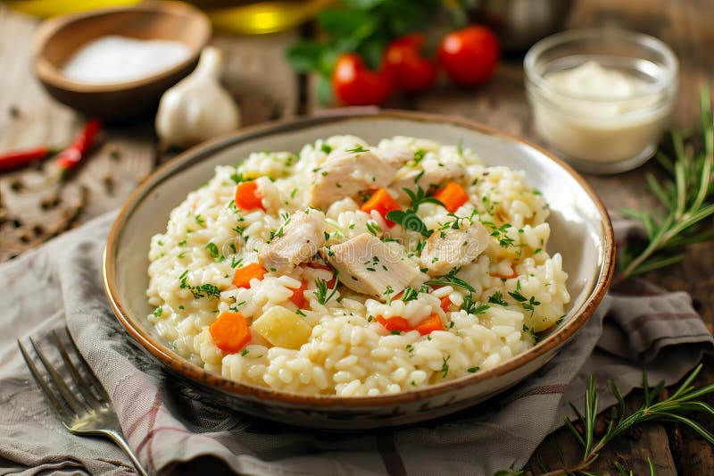 Creamy Chicken Risotto with Herbs and Vegetables in a Bowl Stock Photo ...
