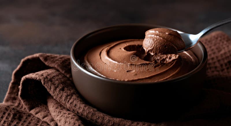 Creamy Chocolate Mousse in Dark Bowl on Textured Fabric with Rustic ...