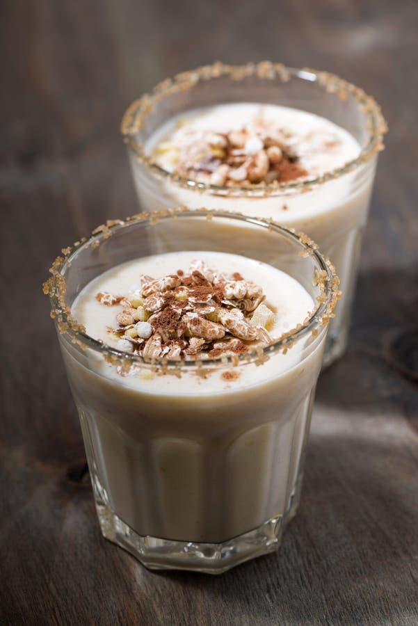 Creamy Cocktail with Muesli, Vertical Stock Image - Image of banana ...