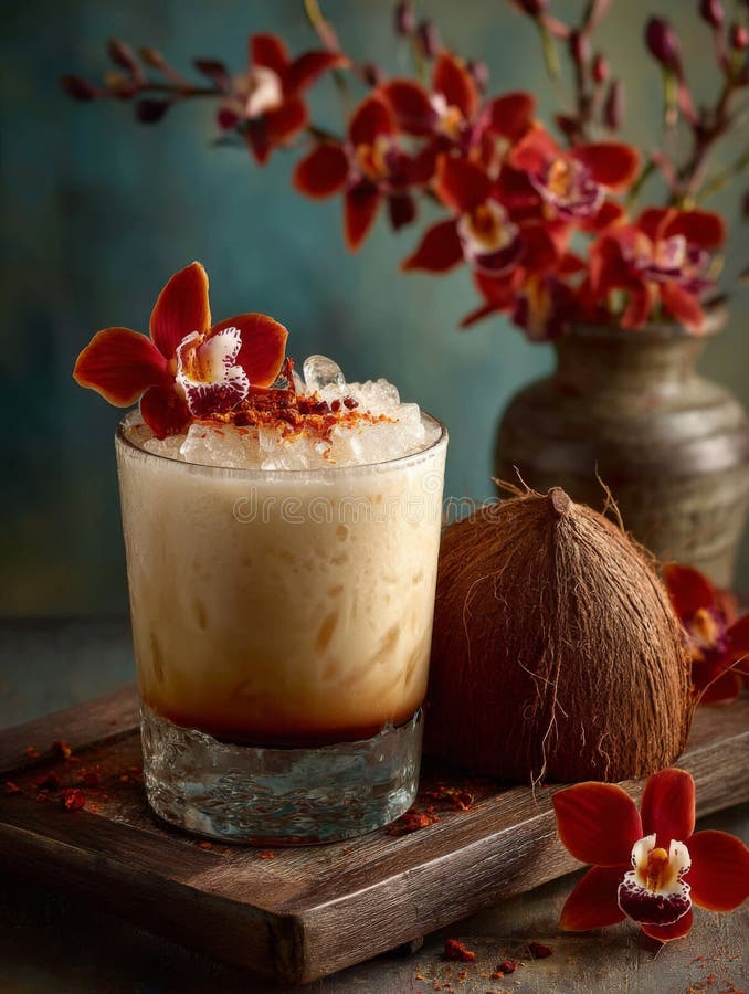 Creamy Coconut Cocktail with Red Orchids Stock Illustration - Illustration of recipe, food ...