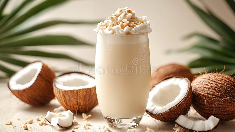 Creamy Coconut Milkshake with Toppings, Coconuts, Tropical Backdrop ...