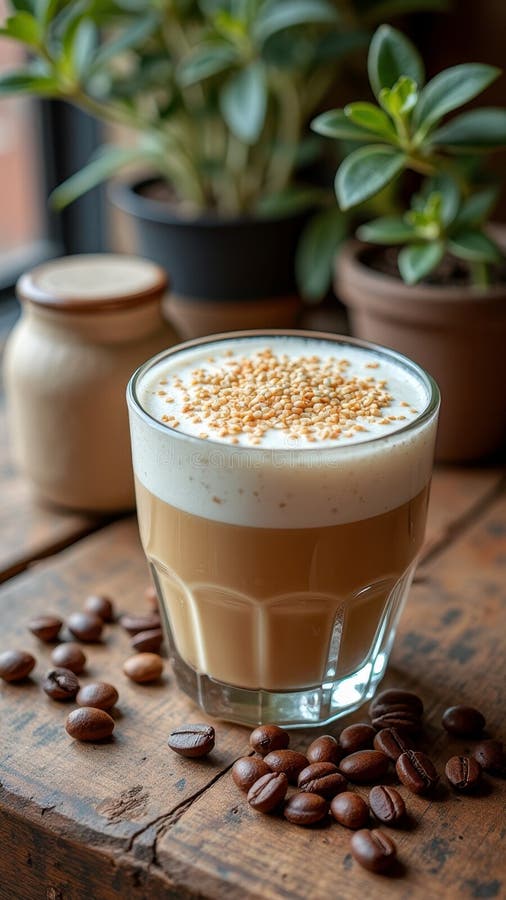 Creamy Coffee Latte with Seed Topping in Rustic Cafe Setting Stock ...