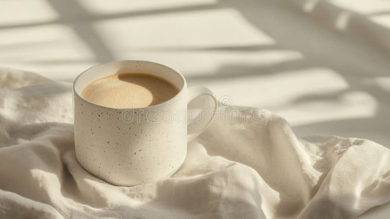 Creamy Coffee in White Spotted Mug on Beige Fabric Stock Illustration ...