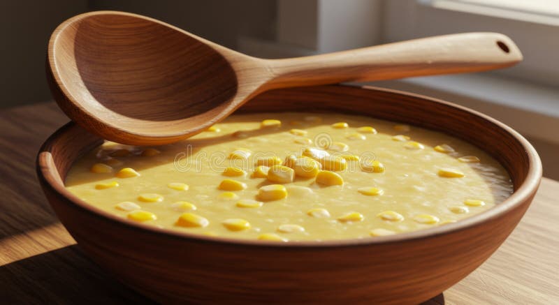 Creamy Corn Soup in Wooden Bowl with Spoon Stock Illustration ...