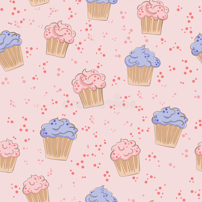 Creamy Cupcake, Seamless Pattern with Cartoon Hand Drawn Muffins Stock ...