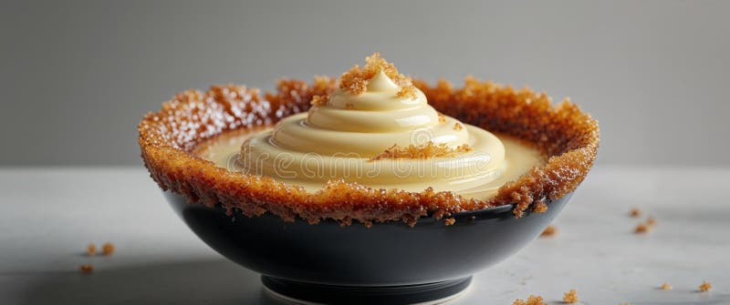 Creamy Custard Dessert with Caramelized Sugar Crust in Black Ceramic ...