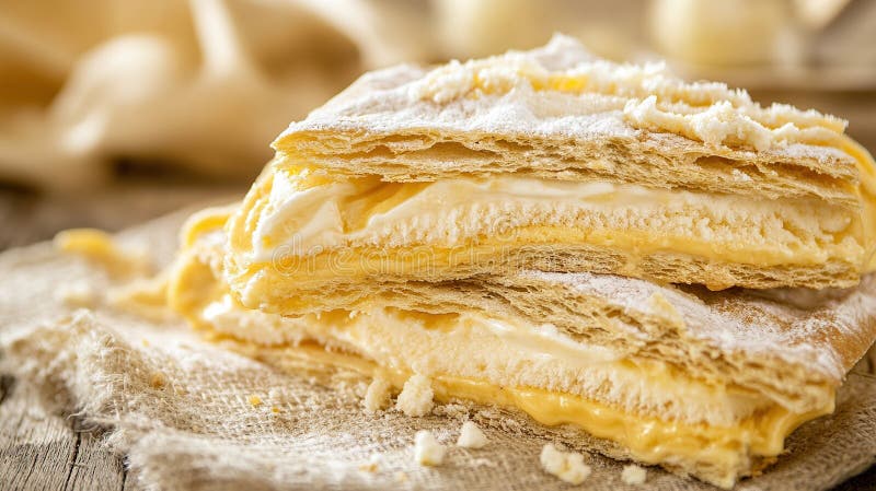 Creamy Custard Pastry, Sliced, Rustic Kitchen, Background Blur, Dessert ...