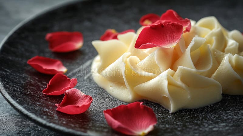 Creamy Dessert Garnished with Rose Petals on a Dark Plate Stock ...