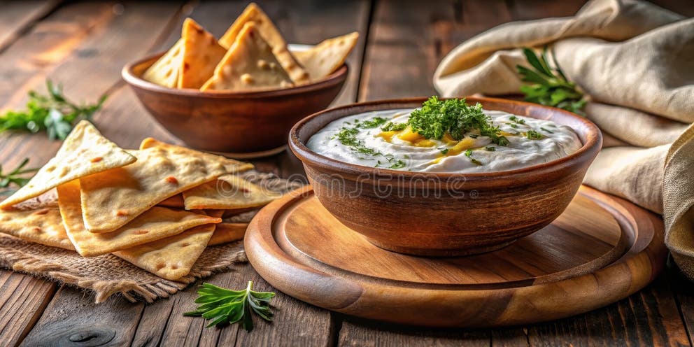 Creamy Dip with Crispy Triangular Snacks Served in Rustic Wooden Bowls on Wooden Table ...