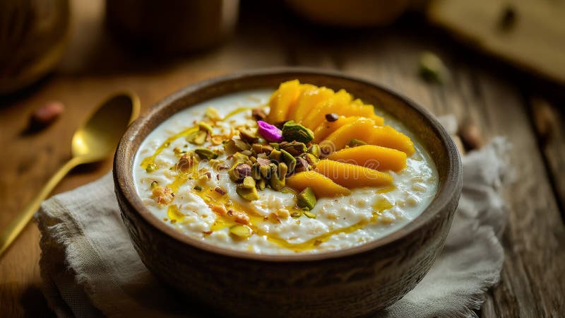 Creamy Doi Chira with Flattened Rice, Mango and Pistachio Garnish on ...