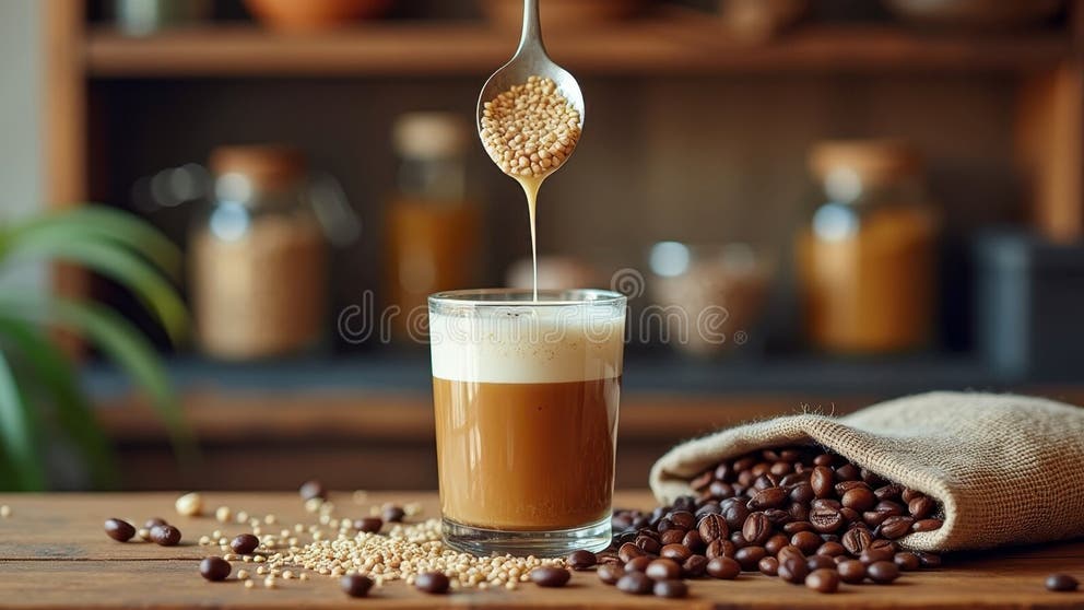 Creamy Fresh Coffee Beverage with Quinoa and Coffee Beans on Rustic ...