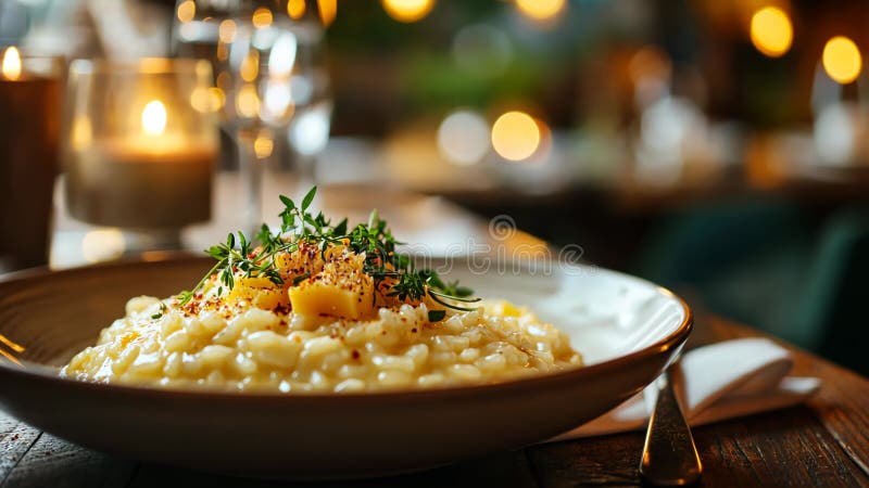 A Creamy Gourmet Risotto Elegantly Plated in a Fine Dining Setting with ...