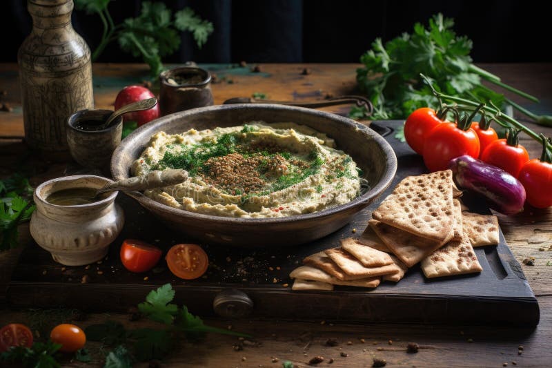 Creamy Hummus Spread on a Rustic Wooden Board Stock Illustration ...