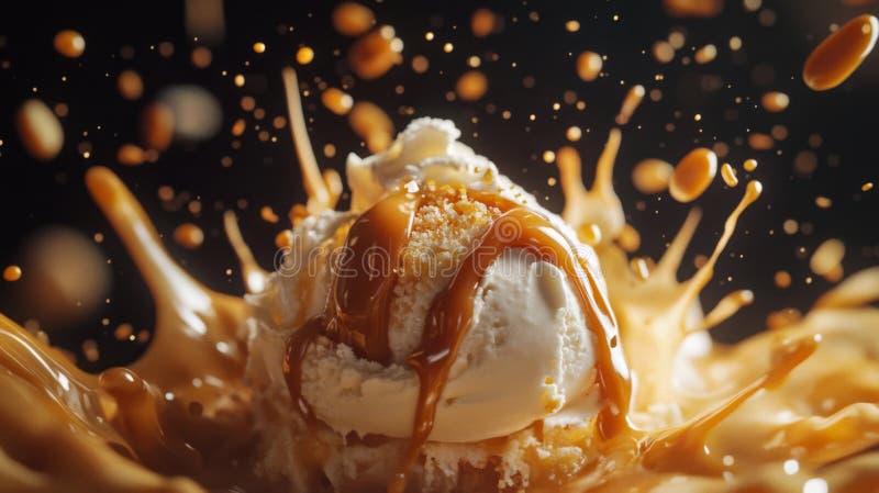 Creamy Ice Cream with Caramel Sauce Splash Stock Illustration ...