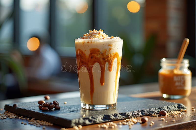 Creamy Iced Coffee with Caramel Drizzle in Cozy Cafe Setting Stock ...