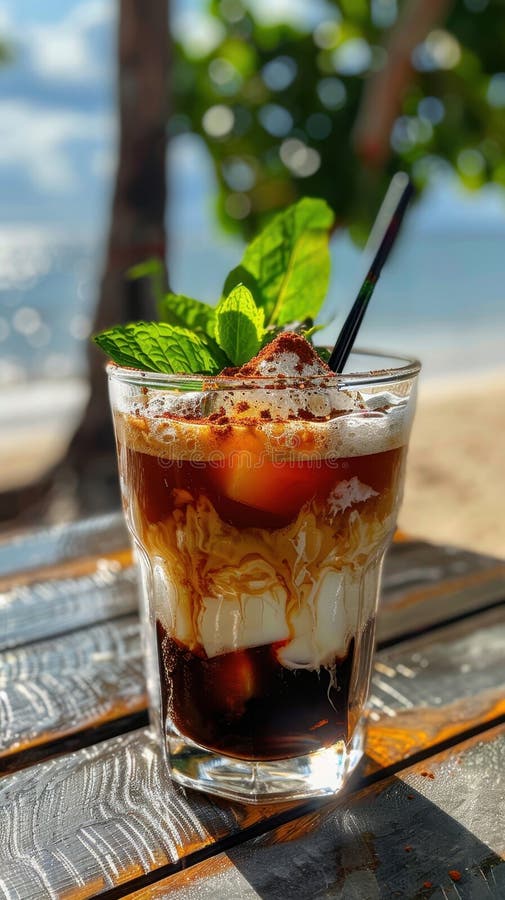Creamy Iced Coffee with Mint Garnish on a Sunny Beach Day Stock ...