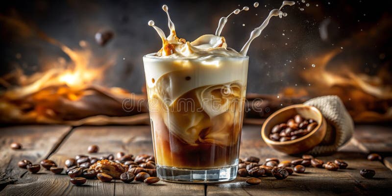 Creamy Iced Coffee Splash in Glass with Roasted Beans. Generative AI ...
