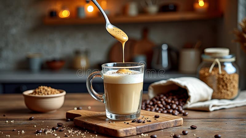 Creamy Latte with Coffee Beans and Quinoa in Rustic Kitchen Setting ...
