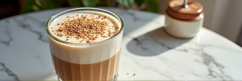 Creamy Latte with Nutmeg Topping on Sunlit Marble Table Stock Photo ...