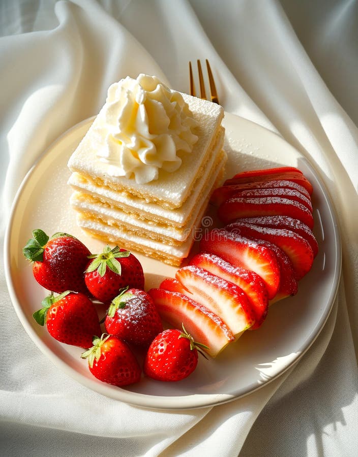 A Creamy Layered Cake with Whipped Cream and Fresh Strawberries on a ...