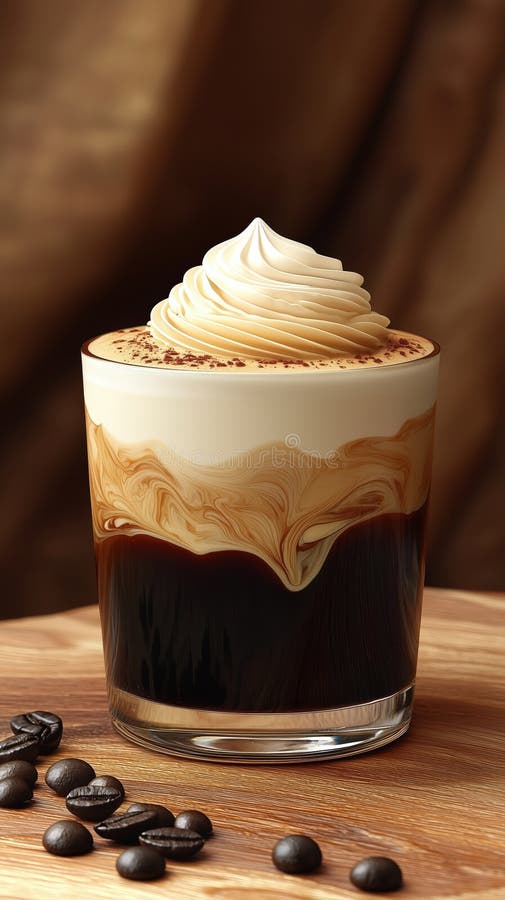 Creamy Layered Coffee Drink with Whipped Cream and Coffee Beans Stock ...