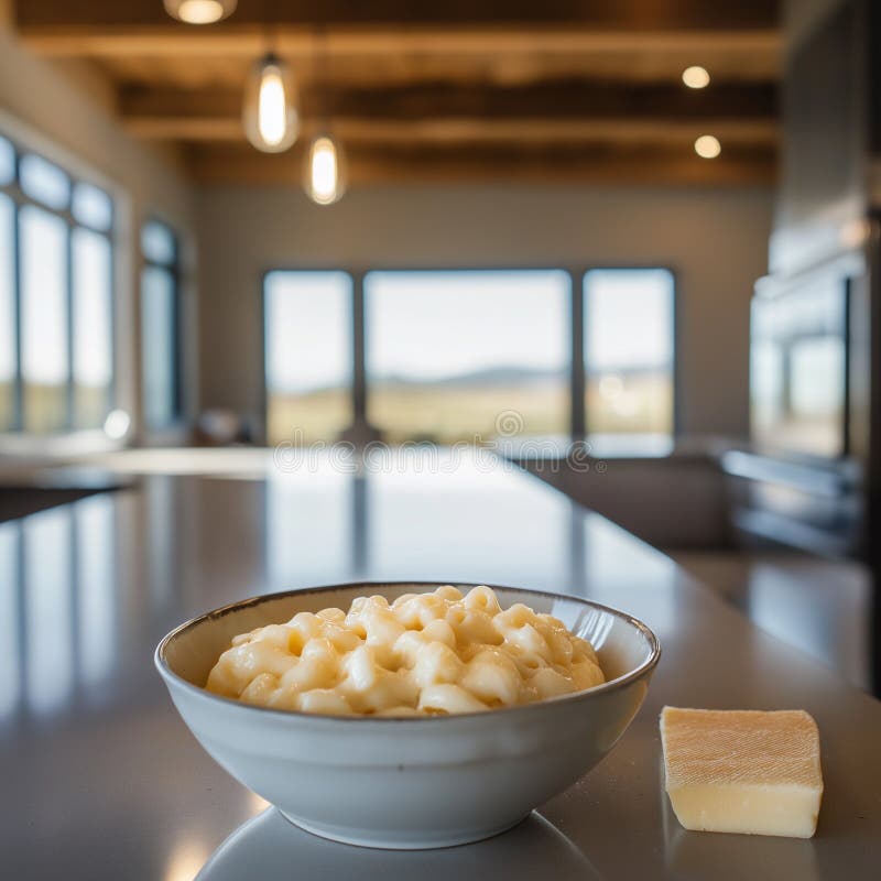 Creamy Mac and Cheese Bowl with Cheese Wedge in Sleek Modern Kitchen ...