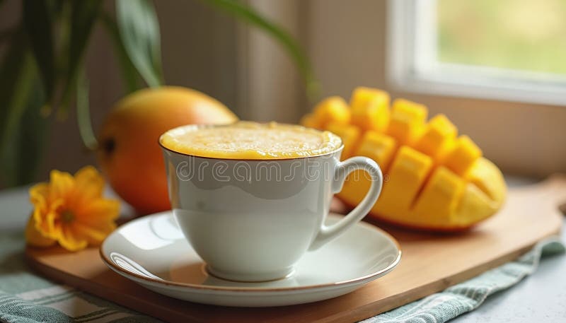 Creamy Mango Milkshake in White Cup with Fresh Fruit, Perfect for ...