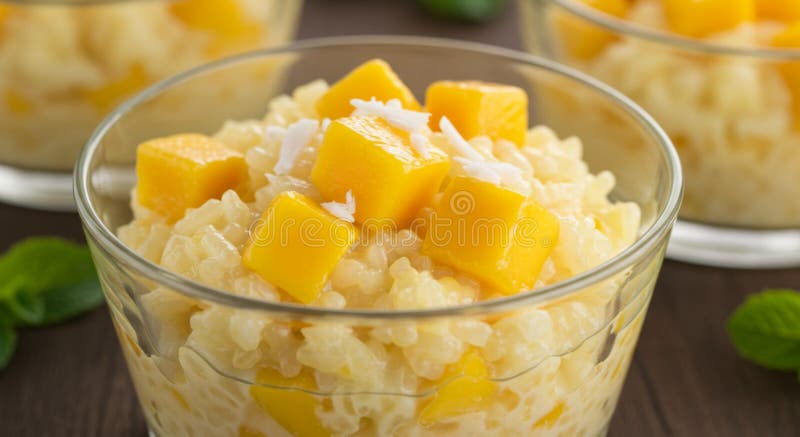 Creamy Mango Rice Pudding Dessert with Coconut Flakes Stock ...