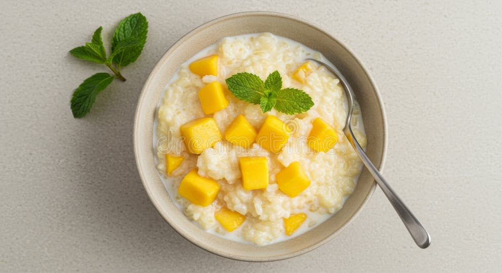 Creamy Mango Rice Pudding with Mint Garnish Stock Illustration ...