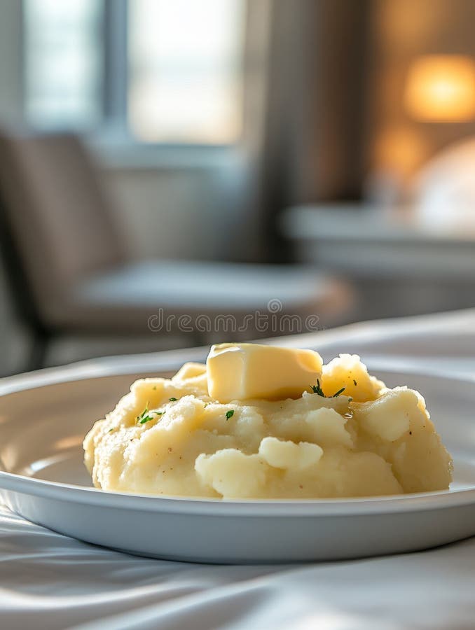 Creamy Mashed Potatoes with Butter on a White Plate. Stock Photo ...