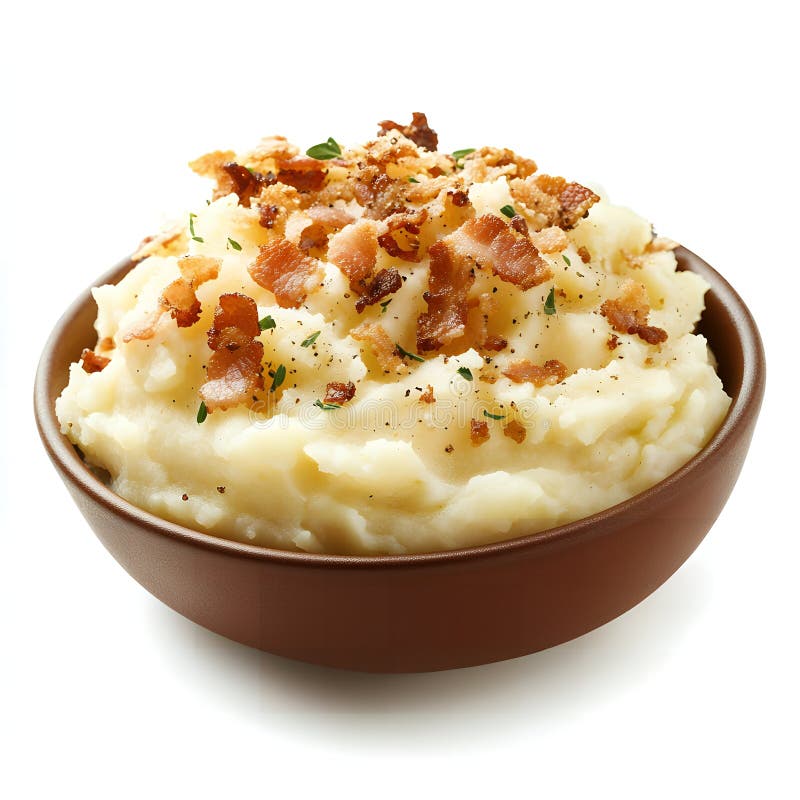 Creamy Mashed Potatoes with Crispy Bacon Bits in a Brown Bowl Stock Illustration - Illustration ...
