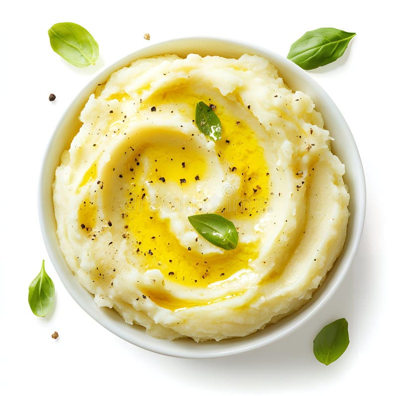 Creamy Mashed Potatoes Garnish with Basil and Olive Oil in Bowl Stock ...