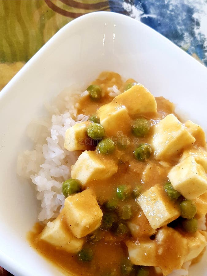 Matar Paneer Served with White Rice Stock Photo - Image of cheese, rice ...