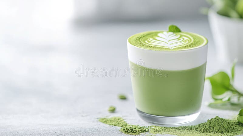 Creamy Matcha Latte with Leaf Art in Glass on Light Background ...
