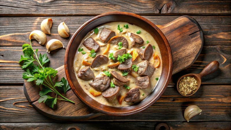 Creamy Meat Stew with Root Vegetables and Herbs in Rustic Bowl ...