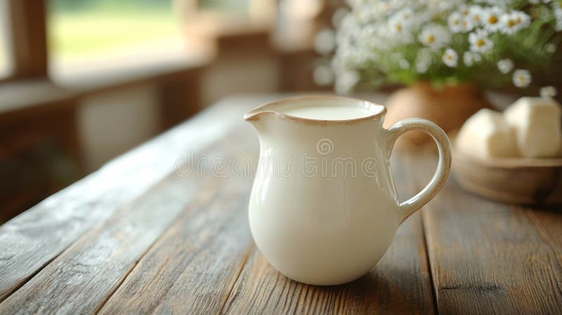 Creamy Milk Pitcher on Rustic Wooden Table Stock Illustration ...
