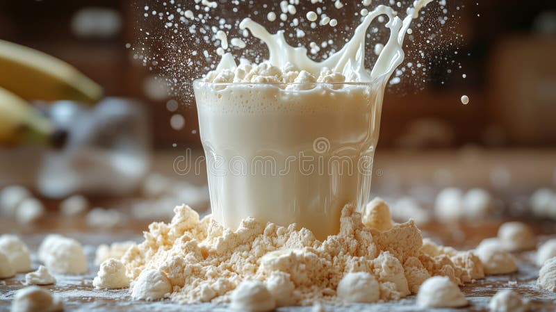 Creamy Milk Splash with Protein Powder in a Glass on Table Stock Image ...