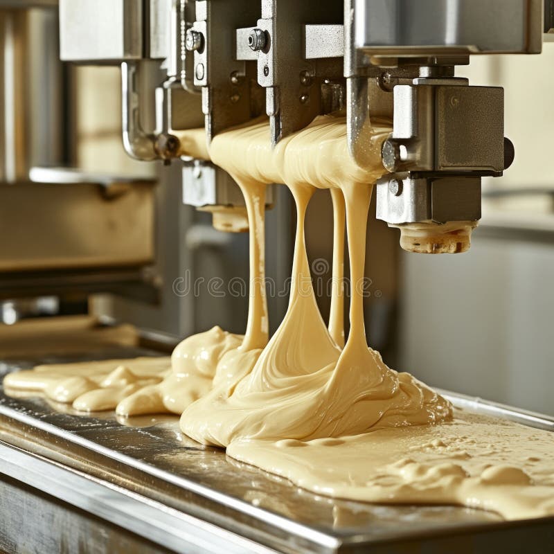 Creamy Mixture Flows from an Industrial Mixer in a Food Processing ...