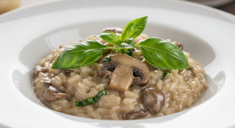 Creamy Mushroom Risotto with Fresh Basil Garnish Stock Illustration ...