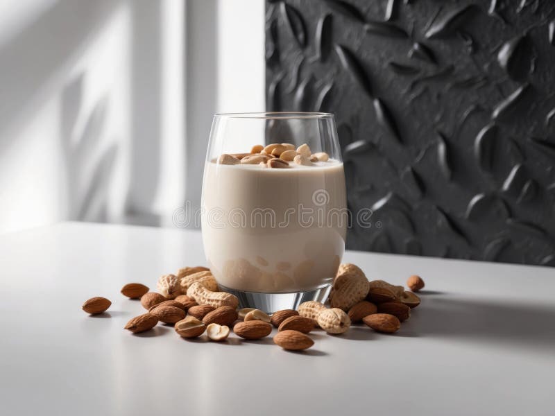 Creamy Nut Milk with Peanuts and Almonds on Dark Background. Stock ...