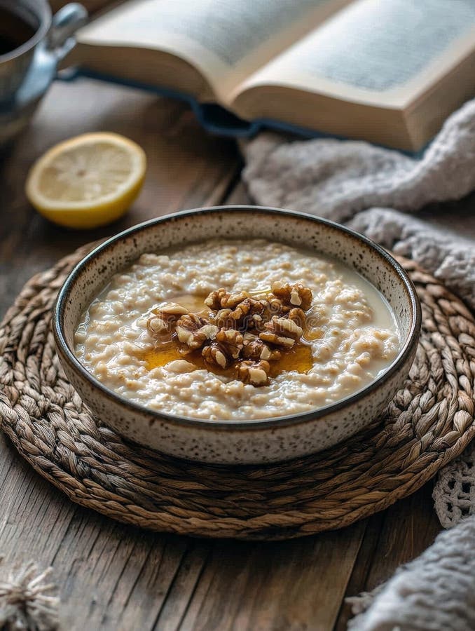 Creamy Oatmeal with Walnuts and Honey on Rustic Table Setting Stock ...