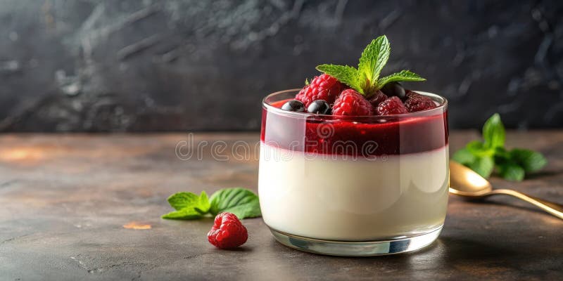 Creamy Panna Cotta Dessert with Raspberry and Berry Compote, Garnished ...