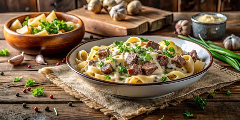 Creamy Pasta with Savory Meat Cubes and Fresh Herbs, a Rustic and ...