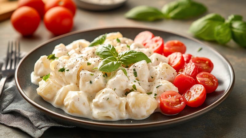 Creamy Pasta Shells with Cherry Tomatoes and Basil Stock Photo - Image ...